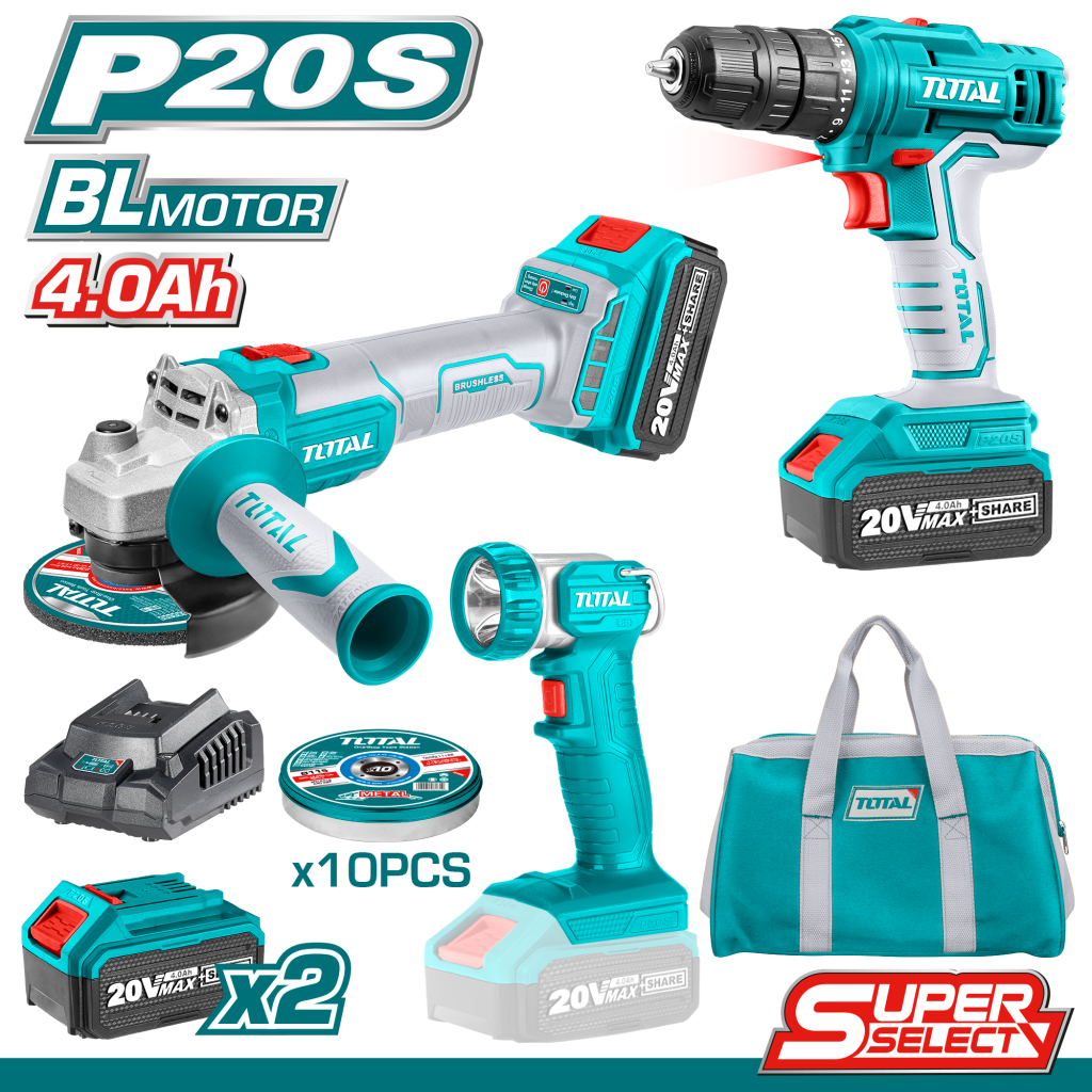 BL 20V مجموعة صاروخ+مقدح+كشاف+2 بطارية كبيرة+شاحن+طقم ديسك - CHAABAN TOOLS